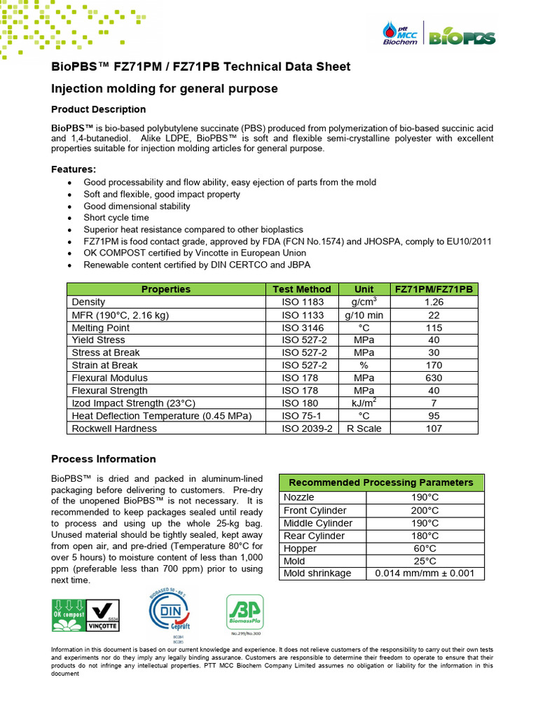 BioPBS FZ71PM and FZ71PB Technical Data Sheet for Injection Molding ...