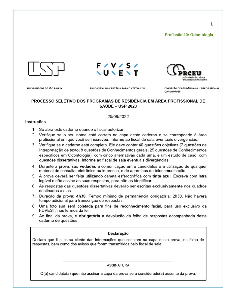 Prova Residencia Usp Fase 1 2023 Odonto | PDF | Odontologia | Dentista