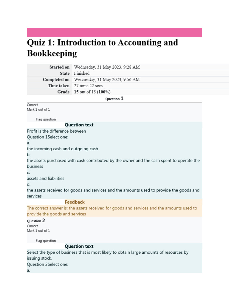 Quiz 1: Introduction To Accounting and Bookkeeping | PDF | Debits And ...