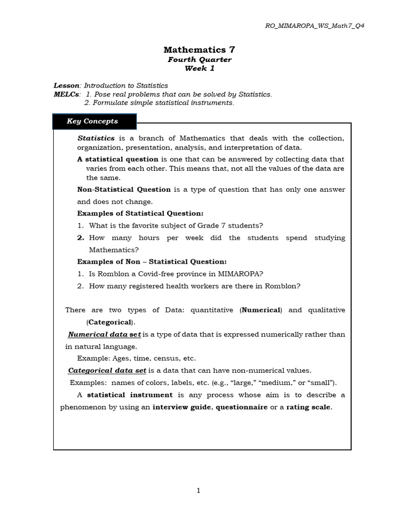 Math7WS - Q4 - Week 1 | PDF | Statistics | Interview