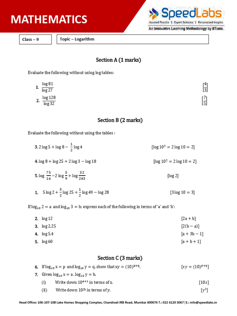 Class 9 Logarithm Practice Questions | PDF | Logarithm | Physical Sciences