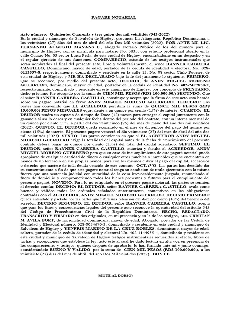 Pagaré Notarial por RD$ 100,000.00 | PDF | Pagos