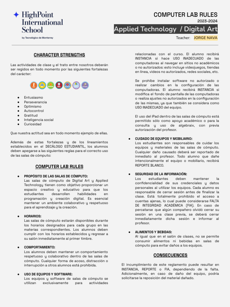 23-24 Computer Lab Rules | PDF | Informática