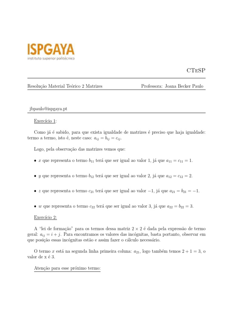 Resolução de Exercícios sobre Matrizes | PDF | Matriz (Matemática ...