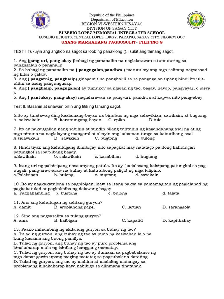 Filipino 8 - 1st Quarter Exam | PDF