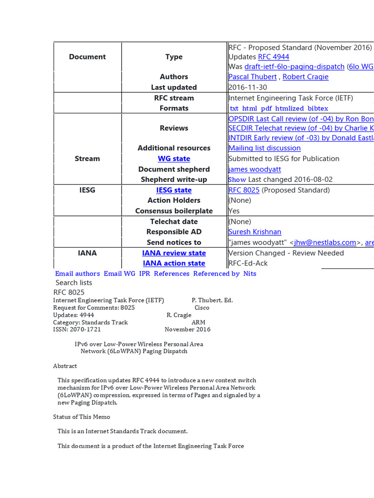 RFC 8025. IPv6 Over Low-Power Wireless Personal Area Network (6LoWPAN ...