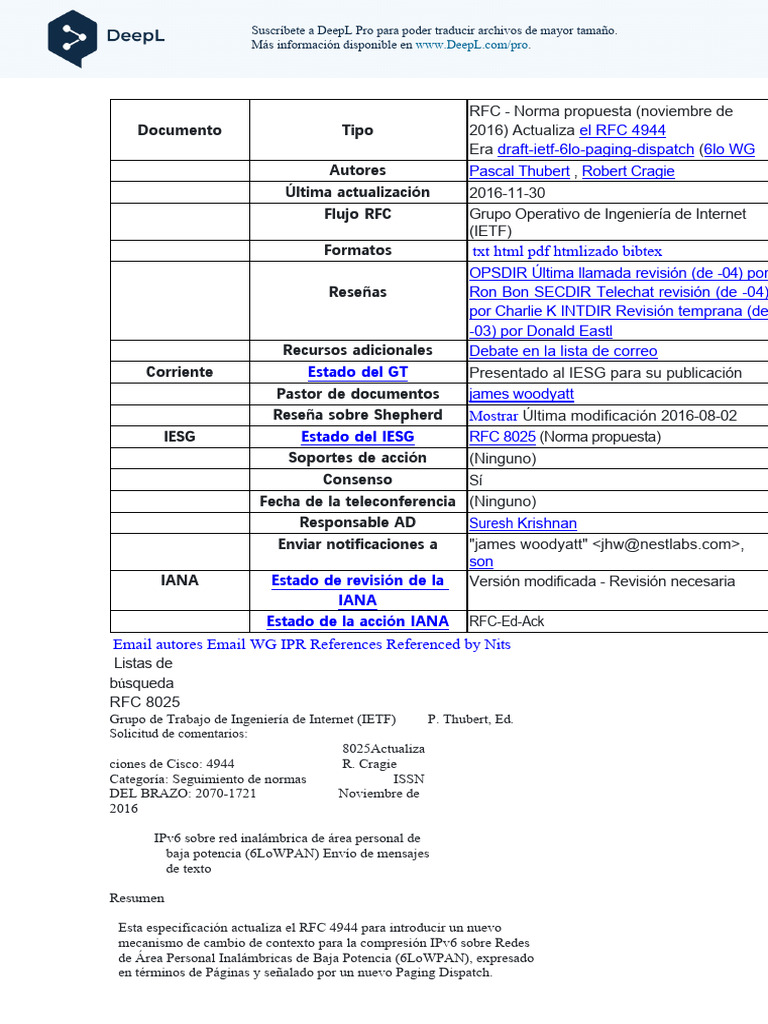 RFC 8025. IPv6 Over Low-Power Wireless Personal Area Network (6LoWPAN) Paging Dispatch Es | PDF ...