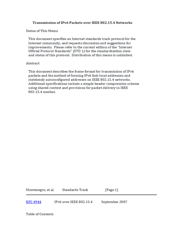 RFC 4944 Transmission of IPv6 Packets Over IEEE 802 | PDF | I Pv6 ...