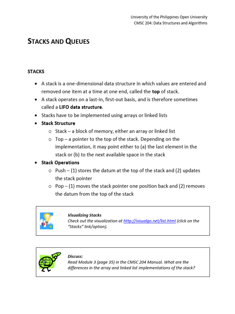 4 Stacks and Queues | PDF | Queue (Abstract Data Type) | Information Technology