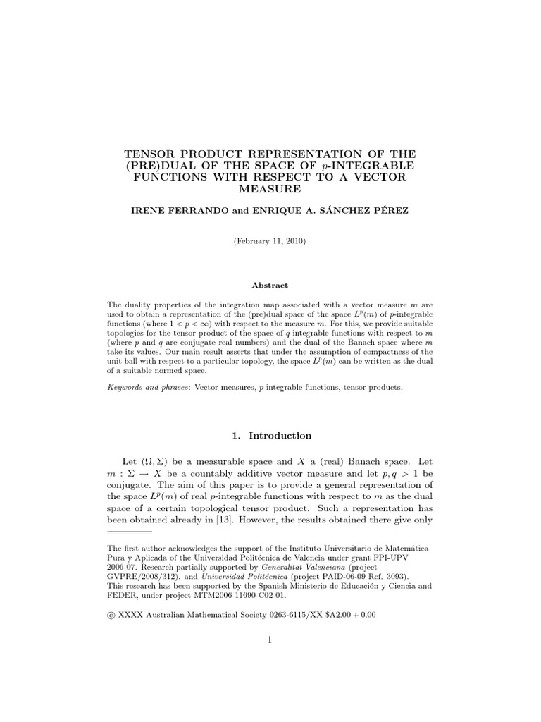 Tensor Product Representation Of The Pre Dual Of The Space Of P
