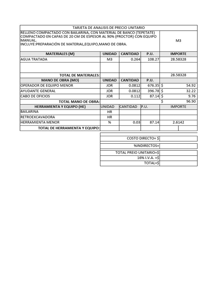 Tarjeta de Precios Unitarios | PDF