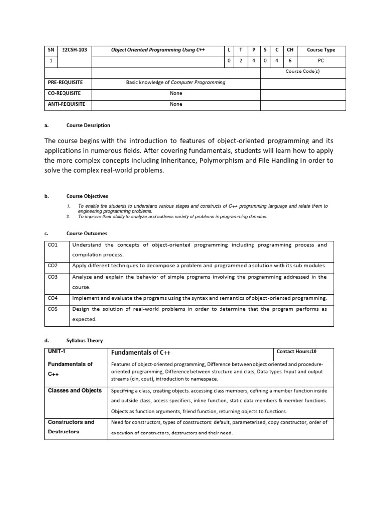 Object Oriented Programming Using C++ 22CSH-103 Hybrid | PDF | Class (Computer Programming ...
