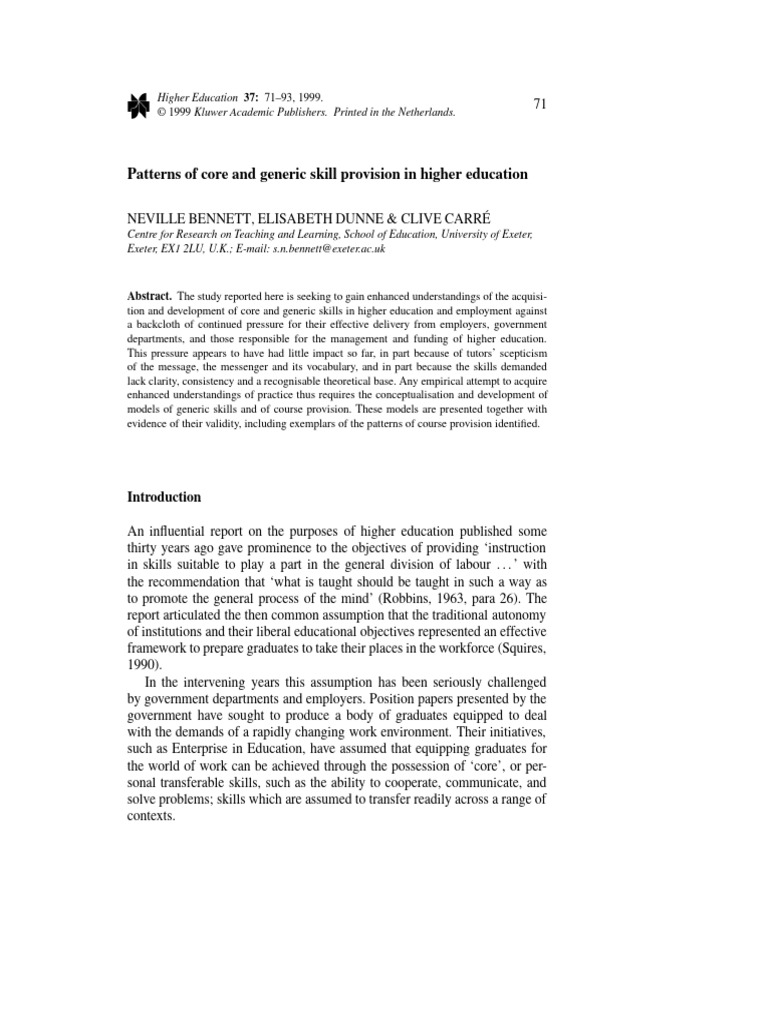(SYEDY) Patterns of Core and Generic Skill Provision in Higher ...
