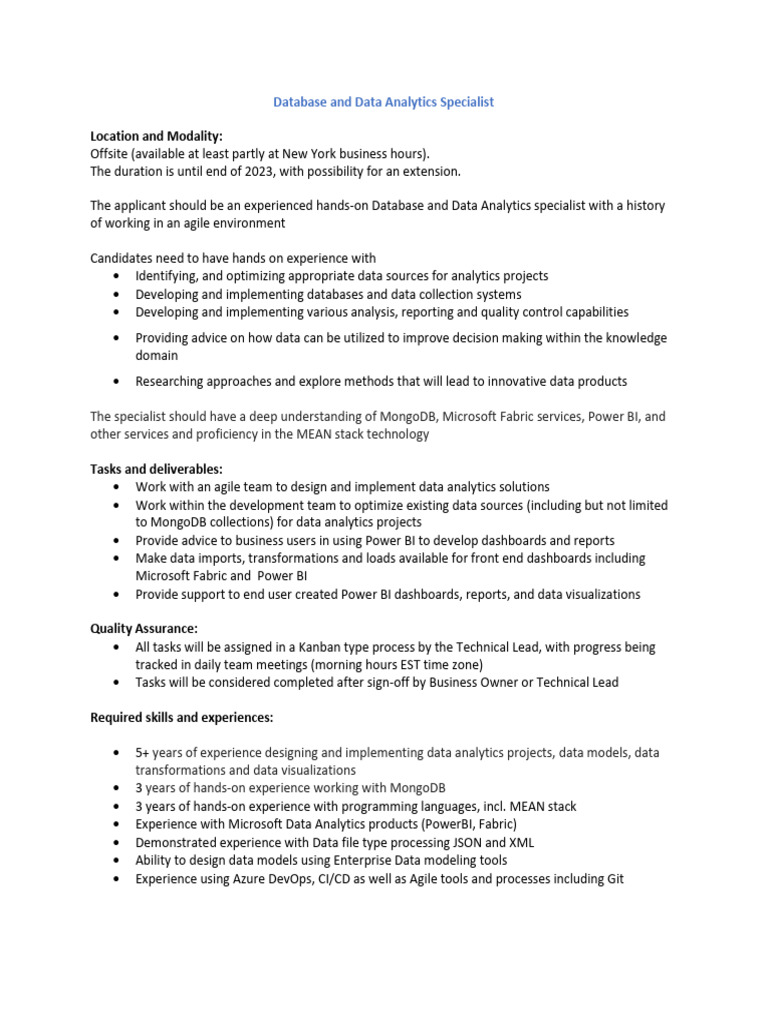 TOR For Database and Data Analytics Specialist | PDF | Analytics | Databases