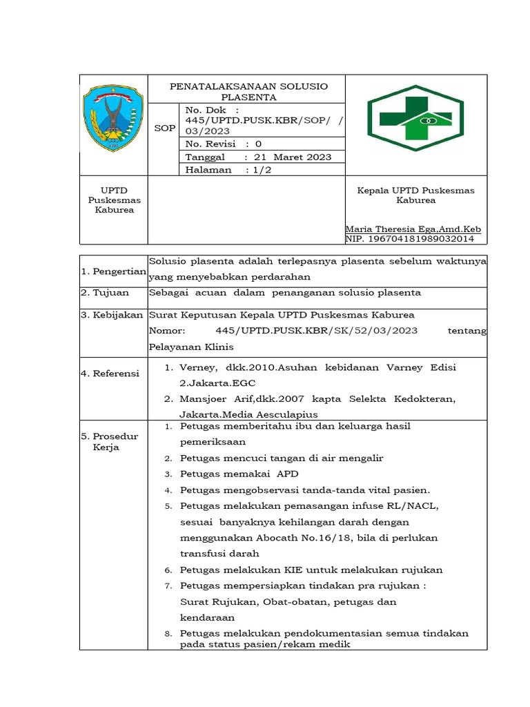 Sop Penatalaksanaan Solusio Plasenta | PDF