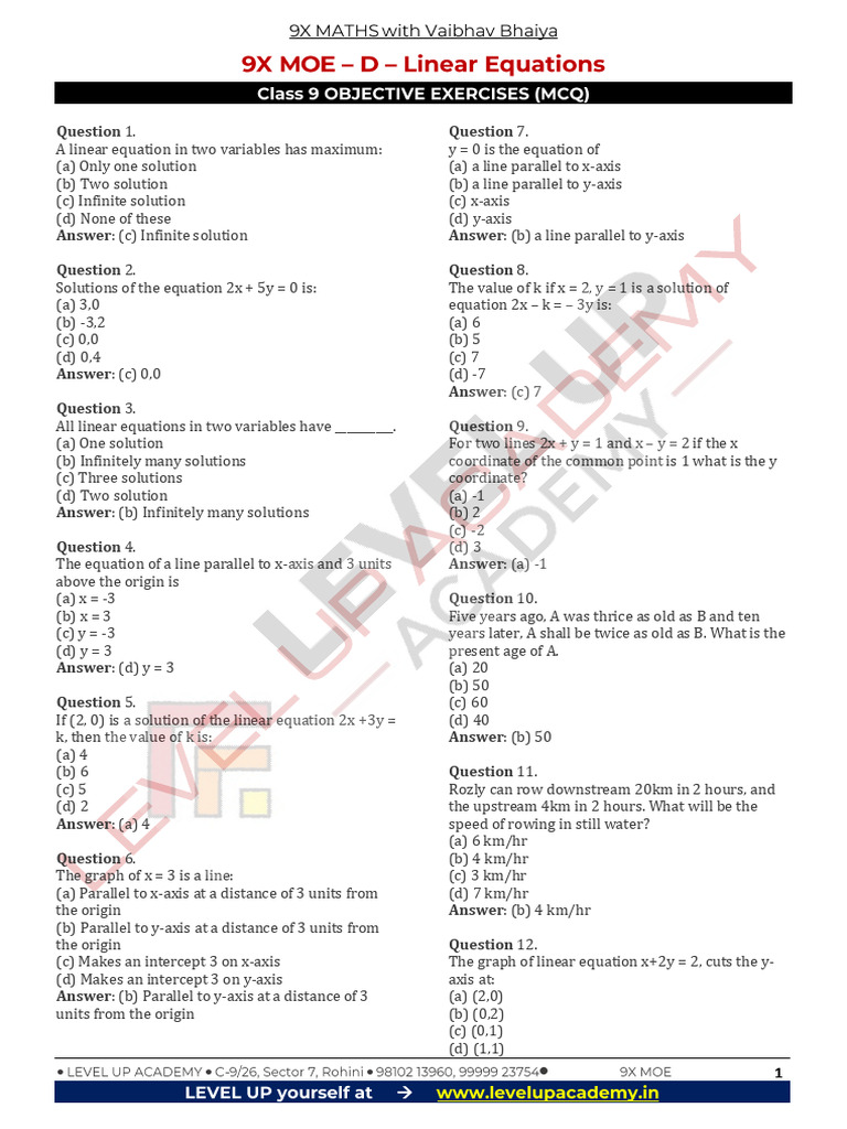 9X MOE - D - Linear Equation (Sol) | PDF | Equations | Mathematics