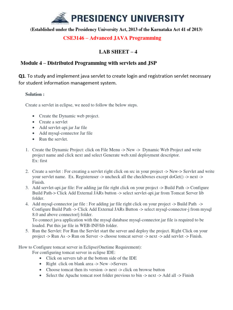 CSE3146-Advanced JAVA Programming-Module 4 - Servlet Labsheet | PDF