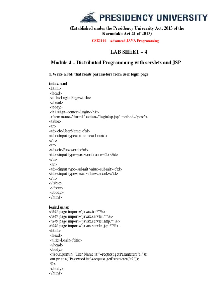 Cse3146 Advanced Java Programming Module 4 Jsp Labsheet Pdf Java Programming Language 9631