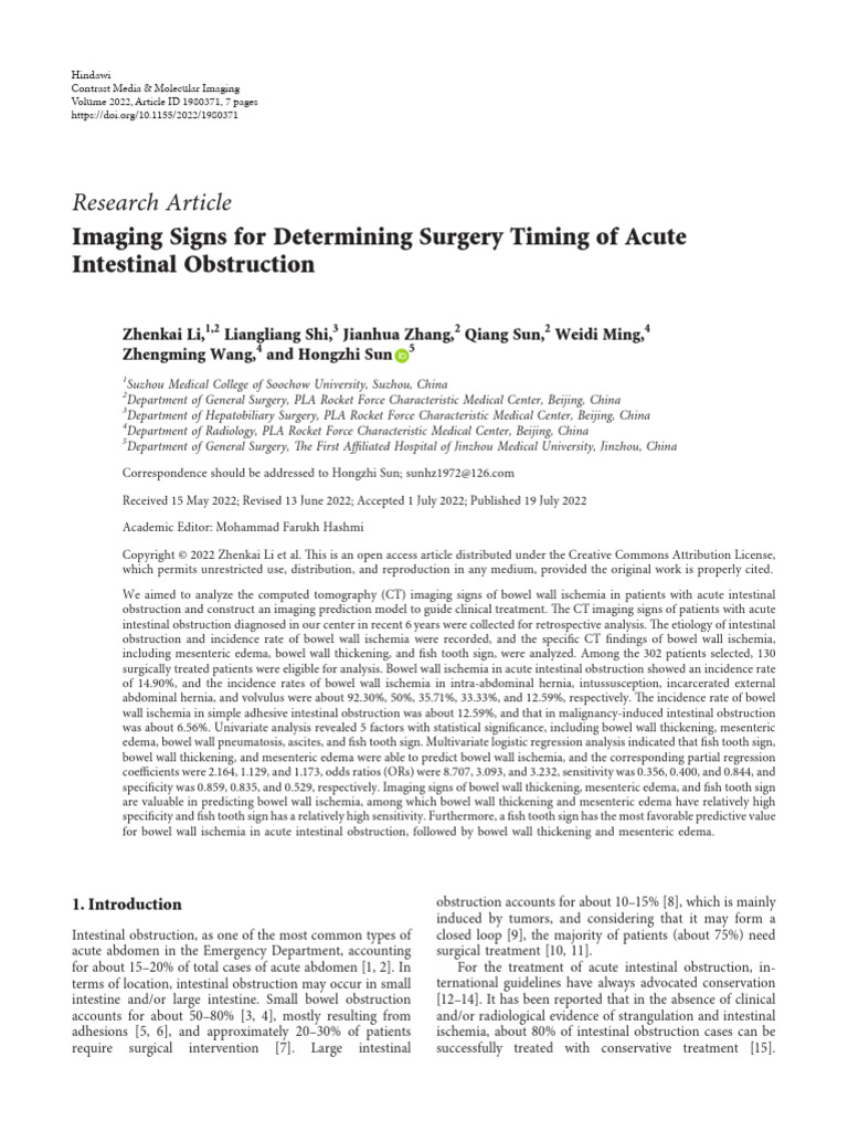 Imaging Signs For Determining Surgery Timing of Acute Intestinal ...