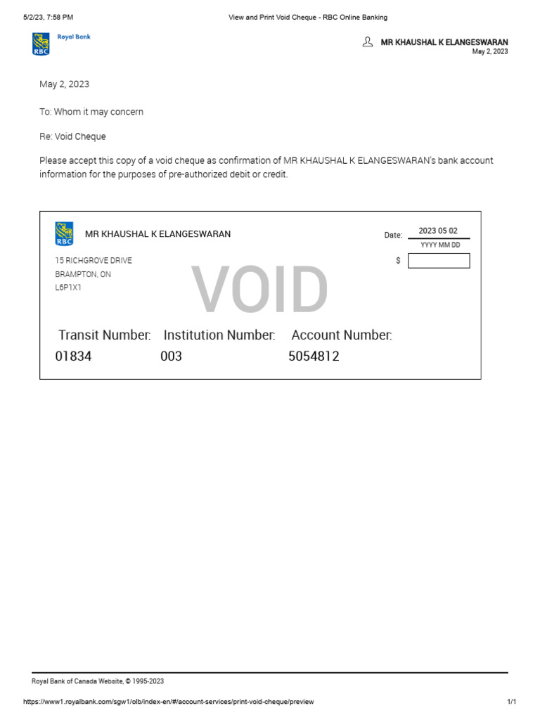 View and Print Void Cheque - RBC Online Banking | PDF