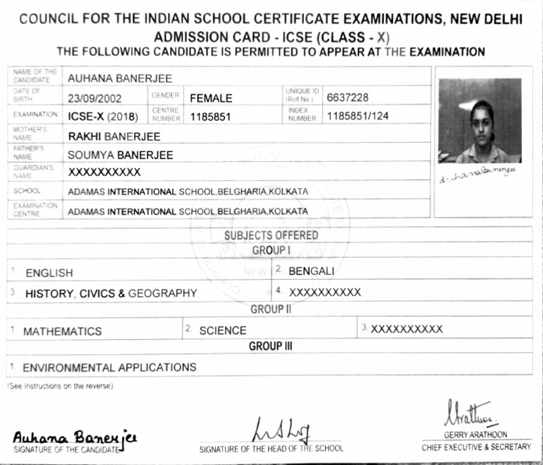 ICSE Class 10 Admit Card Details | PDF