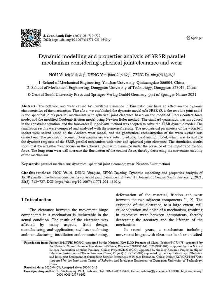 Dynamic Modelling and Properties Analysis of 3RSR Parallel Mechanism Considering Spherical Joint ...