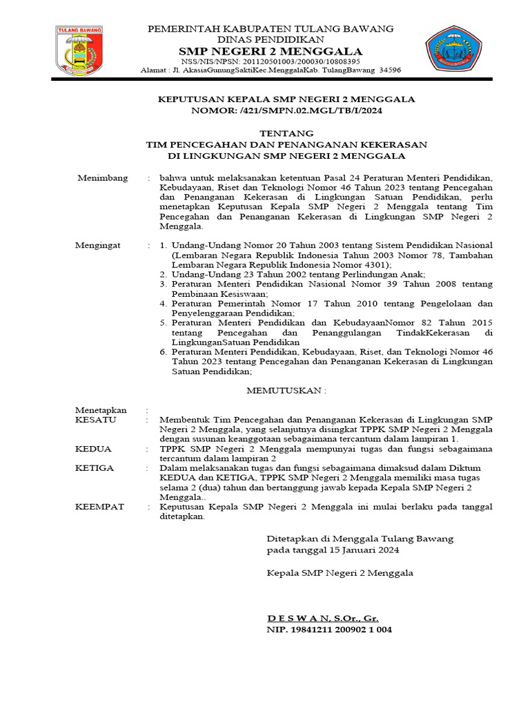 Contoh SK Kepala Satuan Pendidikan Pembentukan TPPK | PDF ...