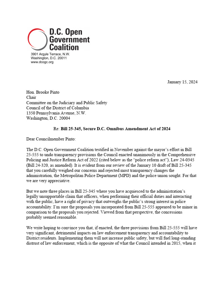 Letter From D.C. Open Government Coalition On Secure DC Bill | PDF ...