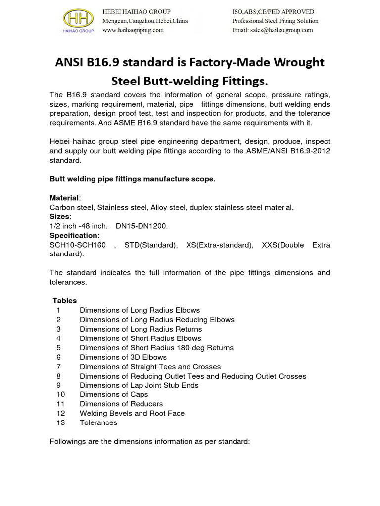 ASME ANSI B16.9 Wrought Steel Butt Weld Fittings | PDF | Pipe (Fluid ...