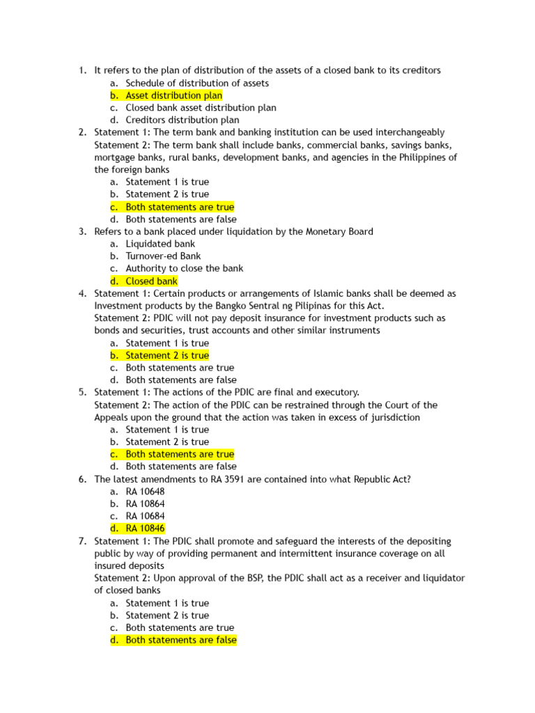 PDIC Quiz With Answers | PDF | Banks | Deposit Account
