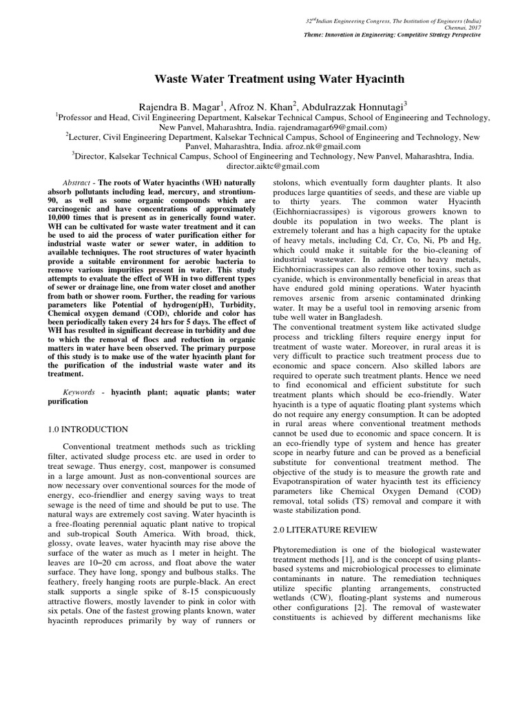 WasteWaterTreatmentusingWaterHyacinth Paper | PDF | Sewage Treatment ...