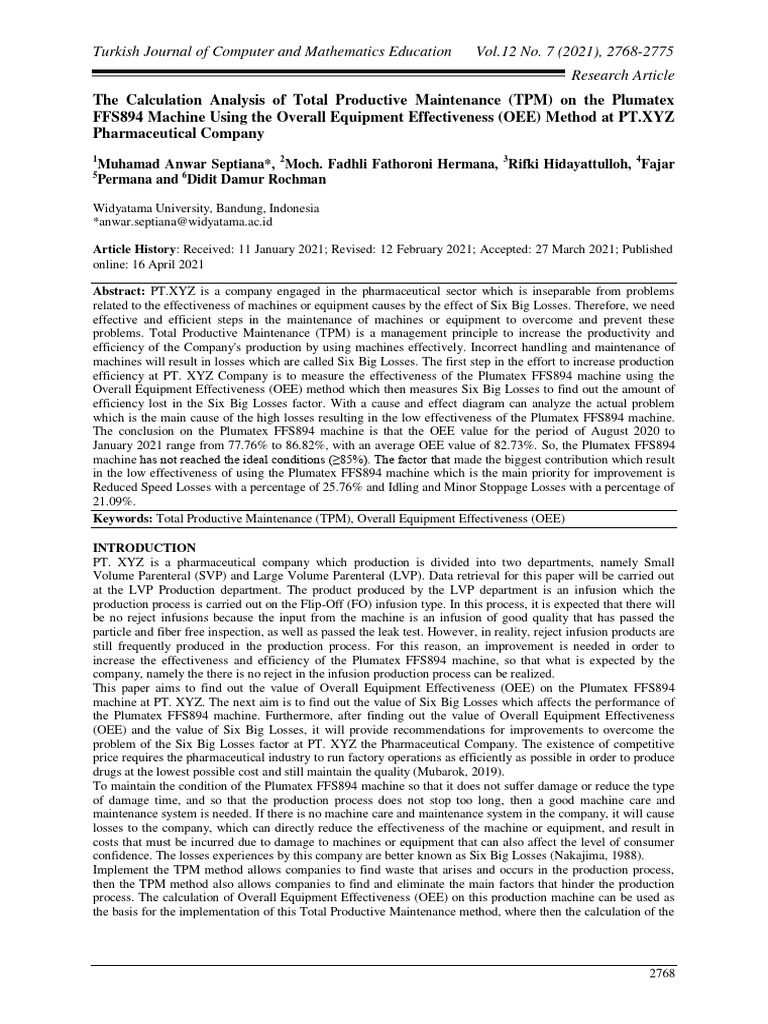 The Calculation Analysis of Total Productive Maintenance (TPM) On The ...