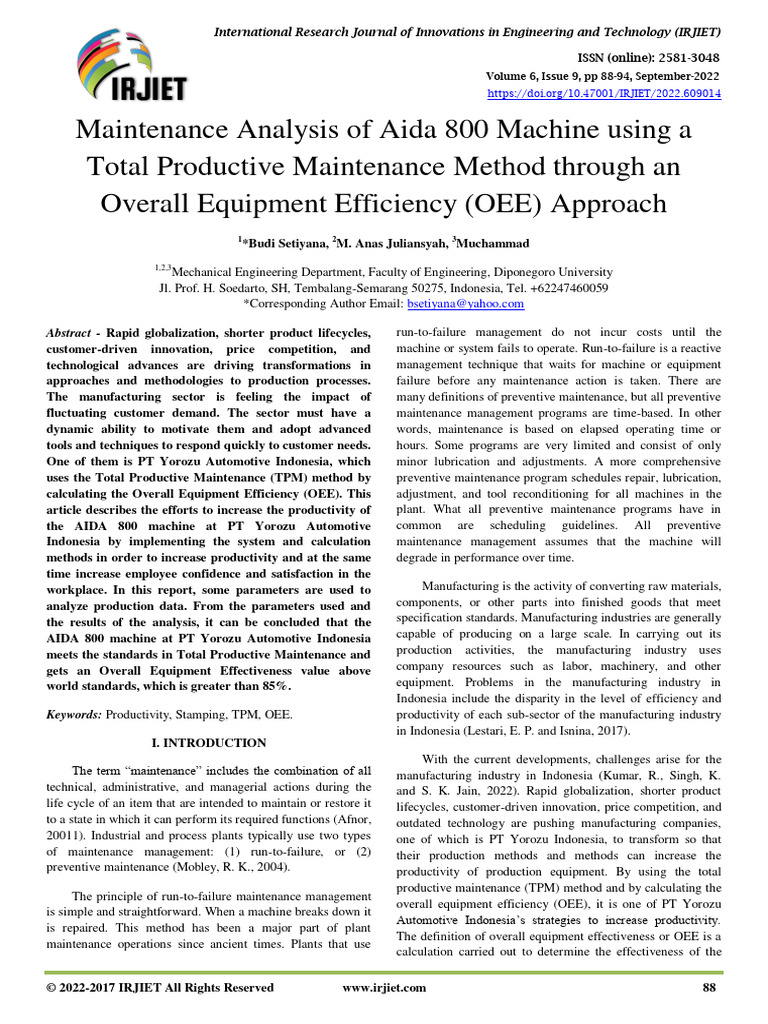 Maintenance Analysis of Aida 800 Machine Using A Total Productive ...