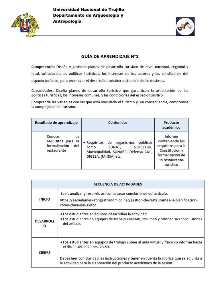 Guía de Aprendizaje 02..CCA... 02..2023-II | PDF | Turismo | Aprendizaje