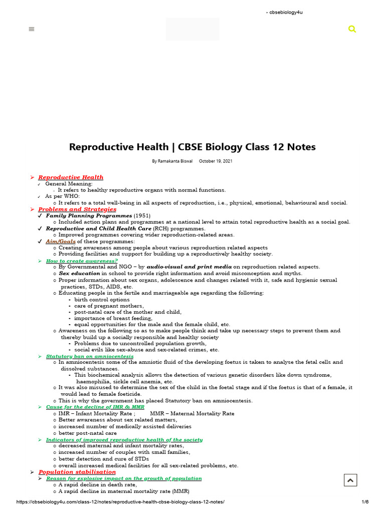 Reproductive Health - CBSE Biology Class 12 Notes Cbsebiology4u | PDF ...