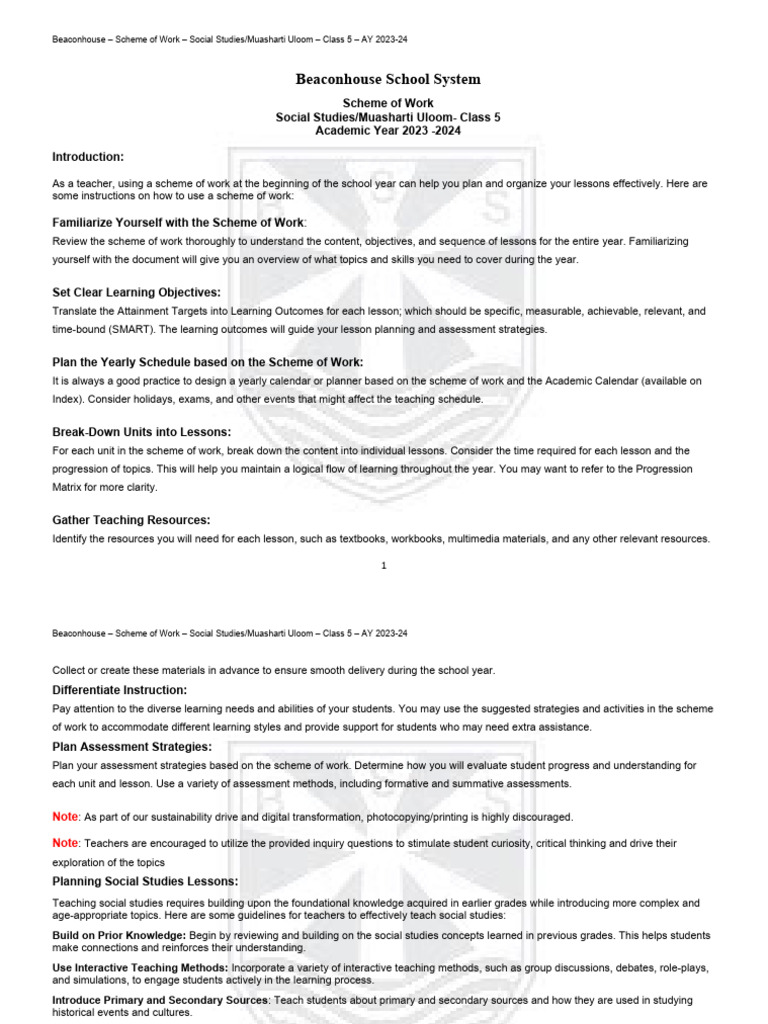 SOW-Social Studies (Muasharti Uloom) - 5 | Download Free PDF ...