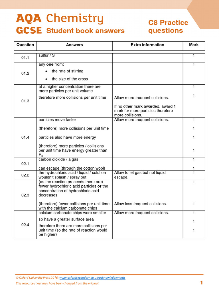 AQA Chem GCSE Combined C8 Practice Answers | PDF | Chemical Reactions ...