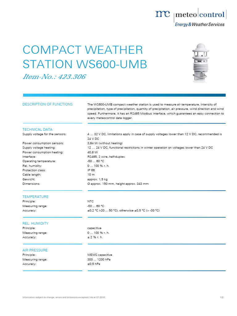 DB Compact Weather Station WS600 UMB en | PDF | Precipitation | Humidity