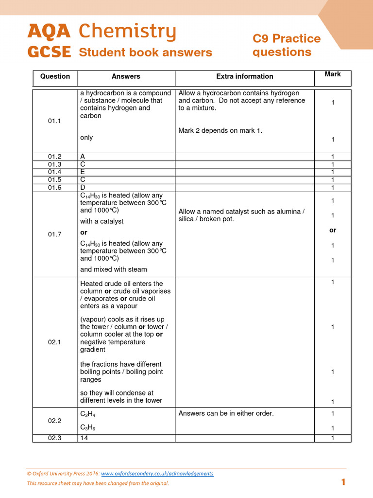 AQA Chem GCSE Combined C9 Practice Answers | Download Free PDF | Alkene ...
