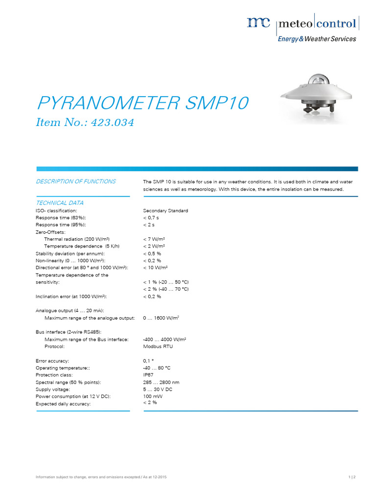 SMP10 Pyranometer Technical Manual | PDF | Meteorology | Atmospheric ...