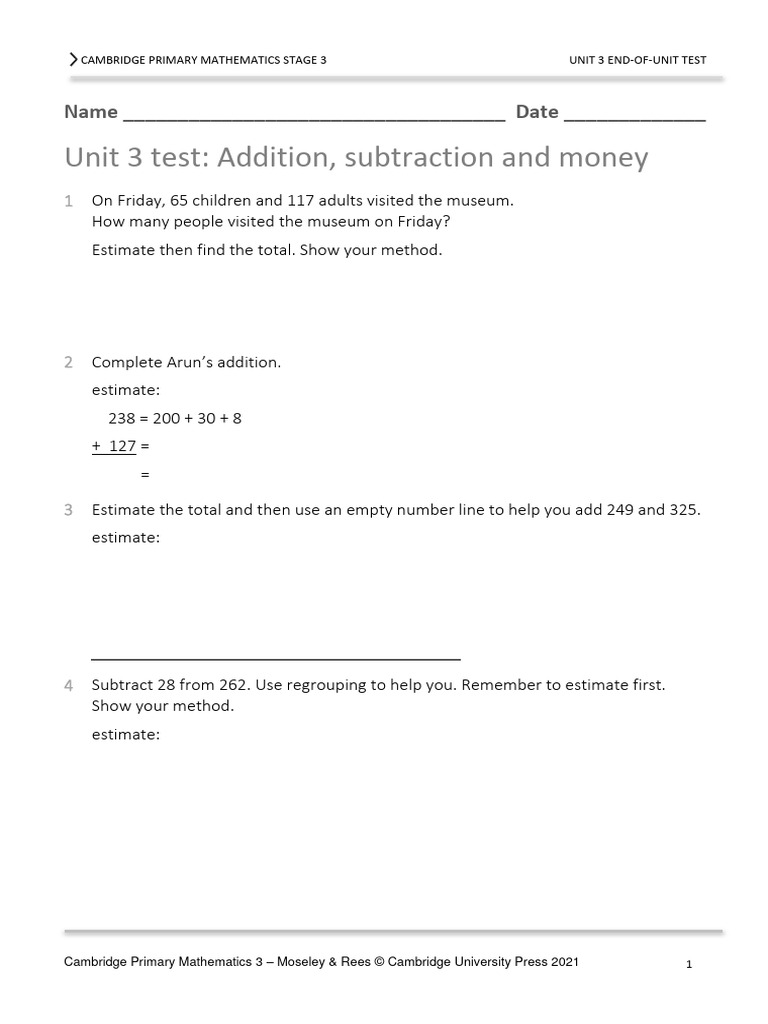 Unit 3 Test: Primary 3 Mathematics | PDF | Mathematics | Arithmetic