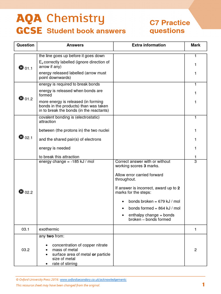 AQA Chem GCSE Combined C7 Practice Answers | PDF | Chemical Bond | Silver