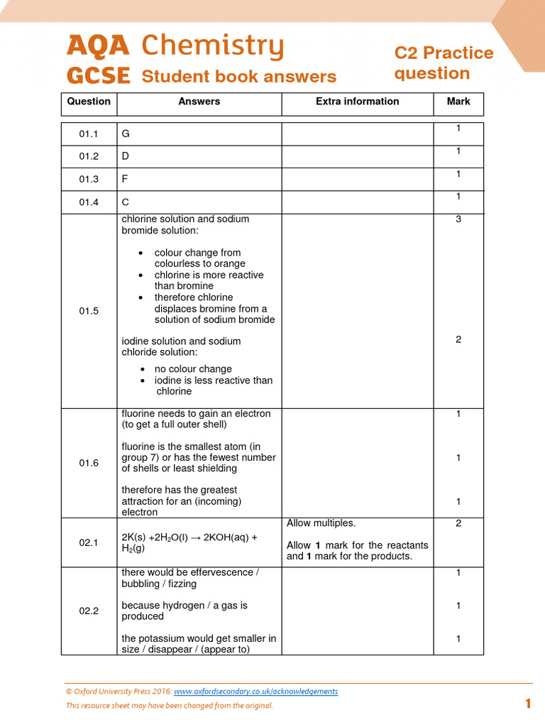 AQA Chem GCSE Combined C2 Practice Answers | PDF | Chlorine | Potassium