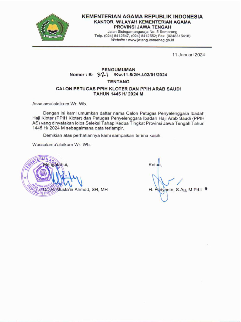 Pengumuman Calon Ppih Kloter Dan Ppih Arab Saudi Tahun 1445 H - 2024 M | PDF
