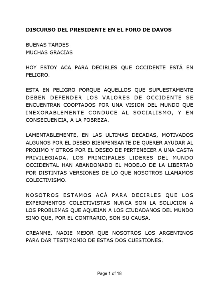 El Discurso Completo De Milei En Davos Pdf Capitalismo Libertarismo