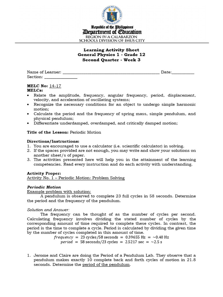 Gen.-Physics-1 G12 Q2 W3 LAS-ACTIVITY-3 | PDF | Oscillation | Frequency