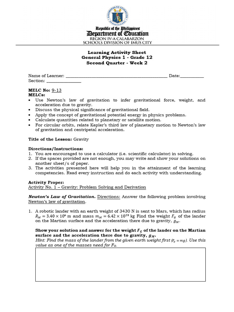 Gen.-Physics-1 G12 Q2 W2 LAS | PDF | Orbit | Gravity