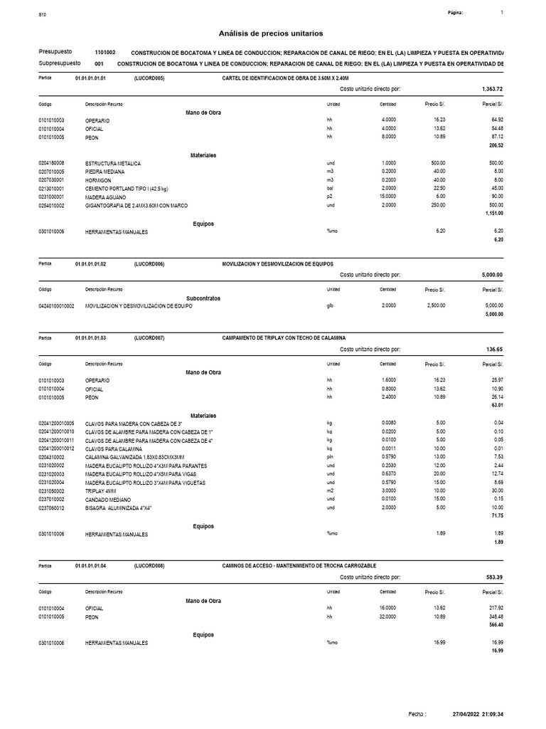 Analisisi de Costo Unitario Base Caycho | Descargar gratis PDF | Hormigón | Construyendo tecnología