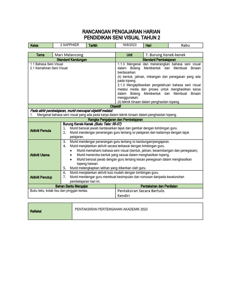 Rancangan Pengajaran Harian Pendidikan Seni Visual Tahun 2: Rabu Mari ...