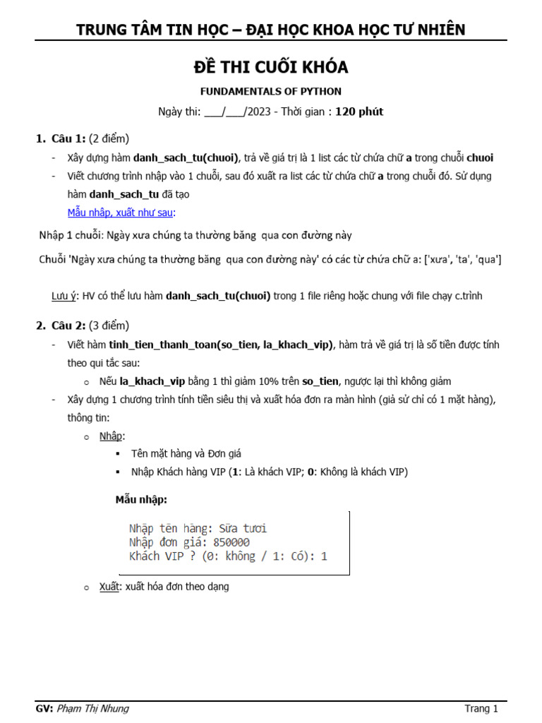 DeThi PythonCB CuoiKhoa TH 2023 | PDF